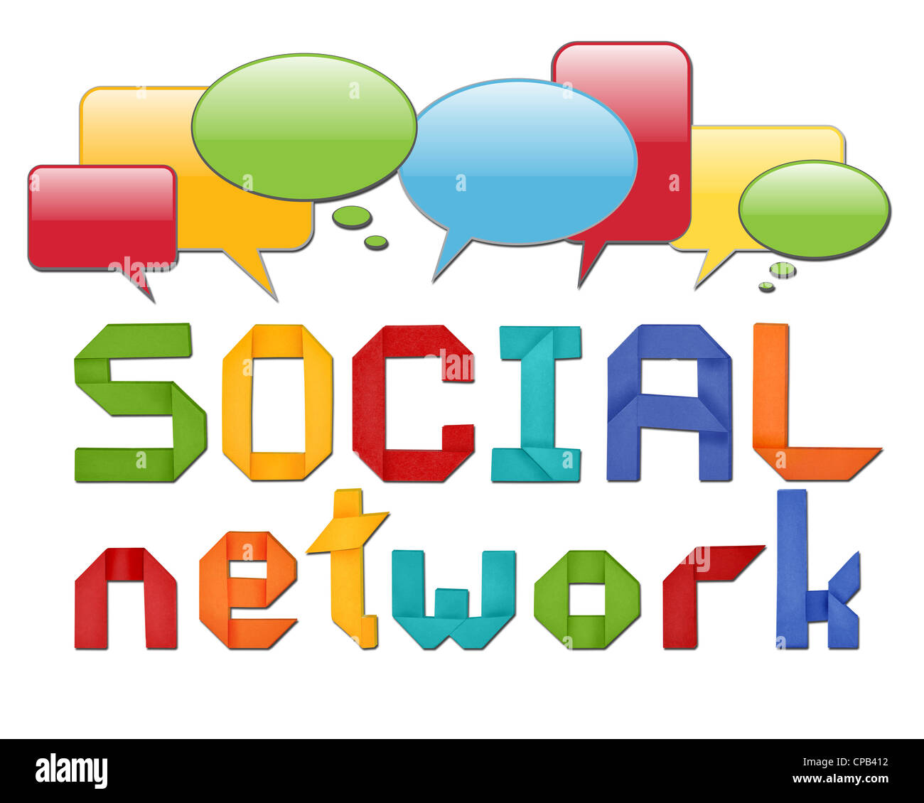 social network concept illustration with origami letters and with ...