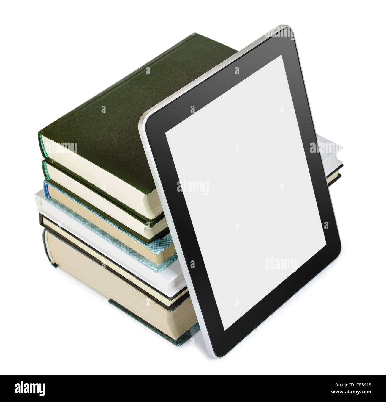 a tablet pc with books isolated on white. Education concept Stock Photo ...