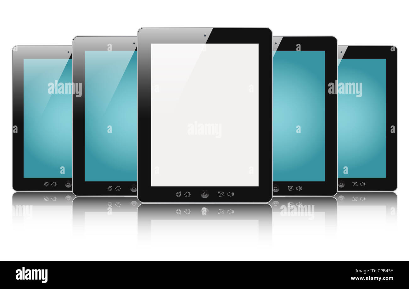 Row of digital touch screen devices with blank screen isolated on white ...