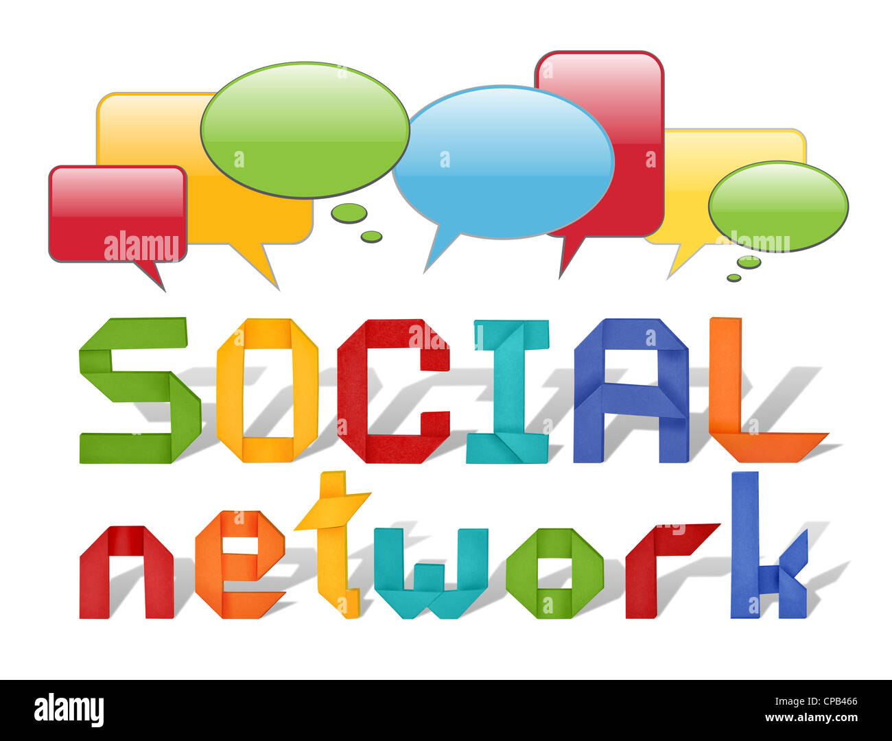social network concept illustration with origami letters and with ...
