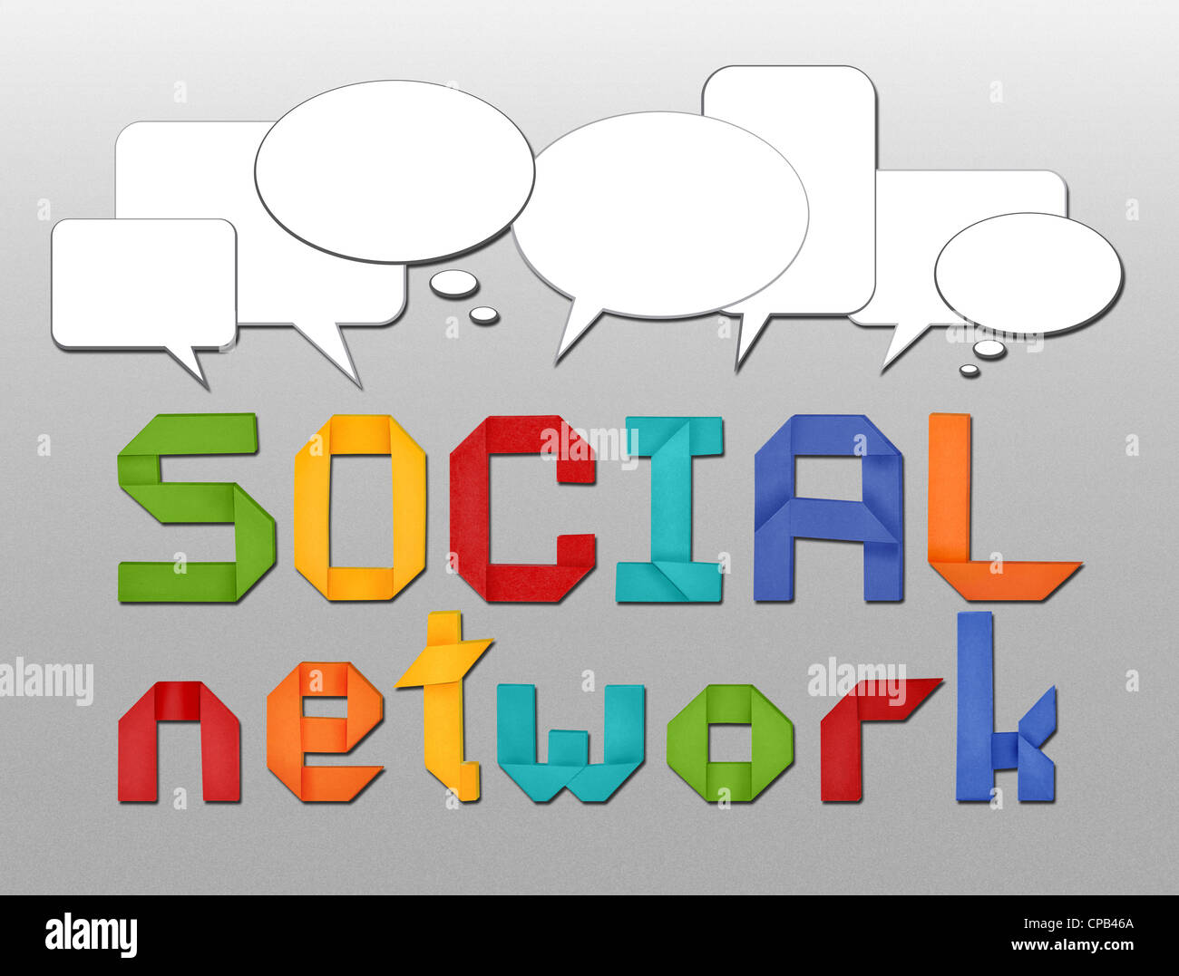 social network concept illustration with origami letters and with ...