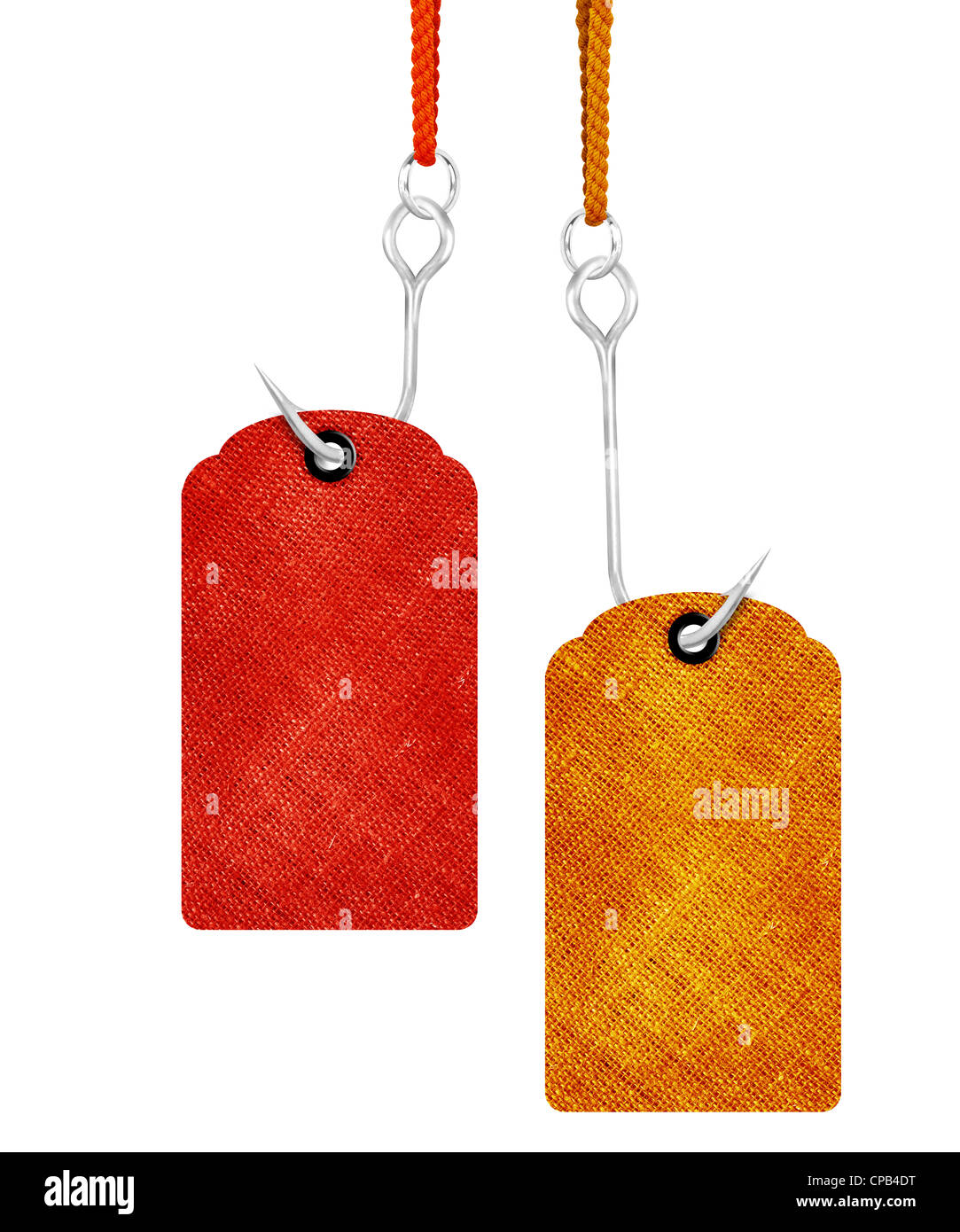 red and yellow price tags with fishing hook isolated on white ...