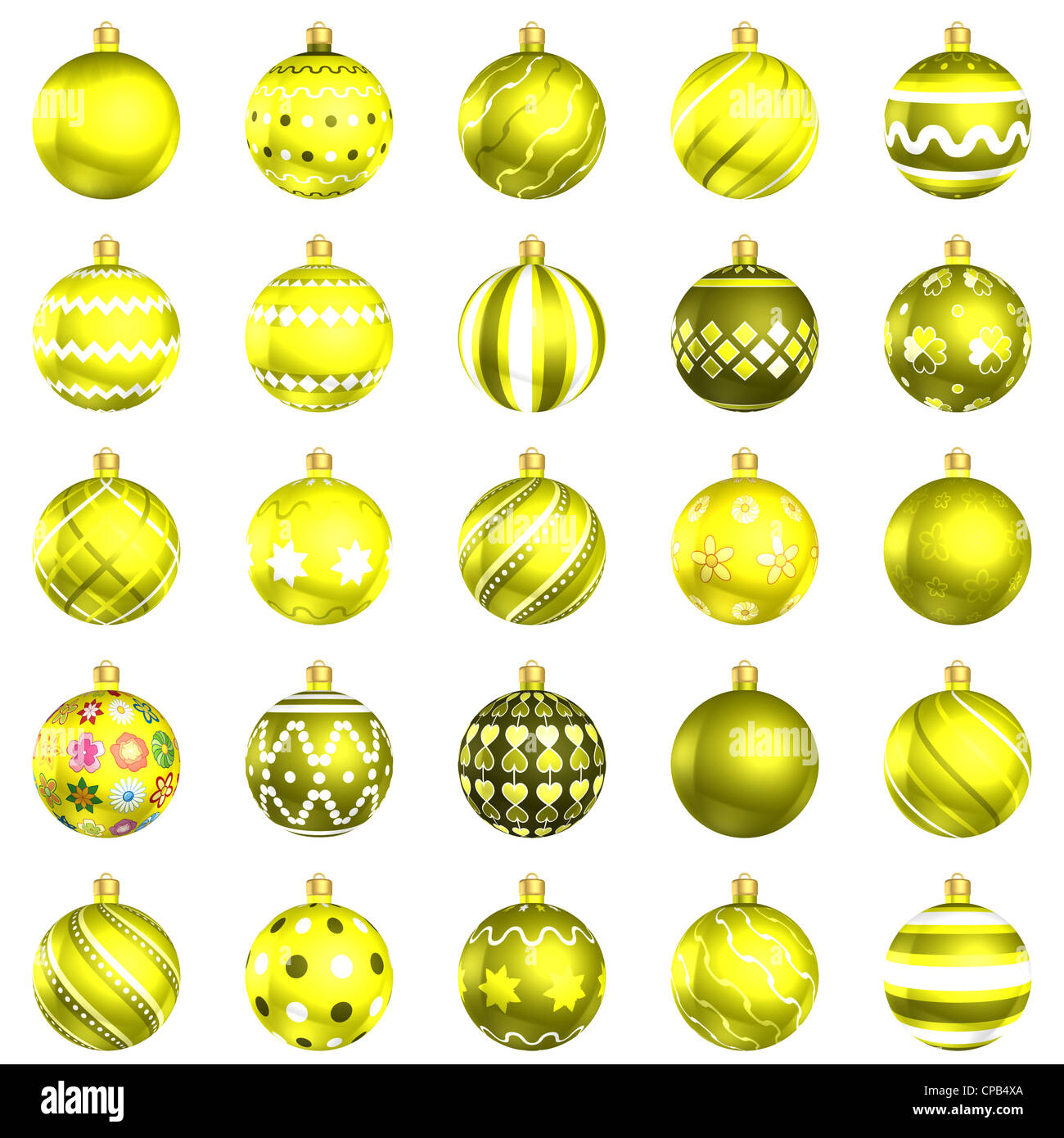 Christmas baubles big pack 25, yellow color on white background Stock ...