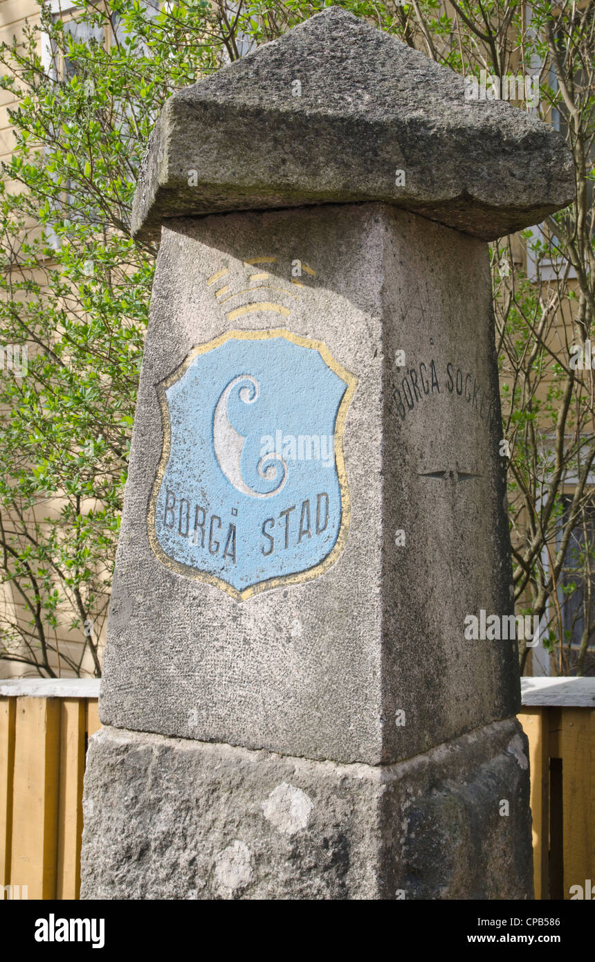 Old stone marker, with the Swedish name Borga, for Porvoo town, Finland ...