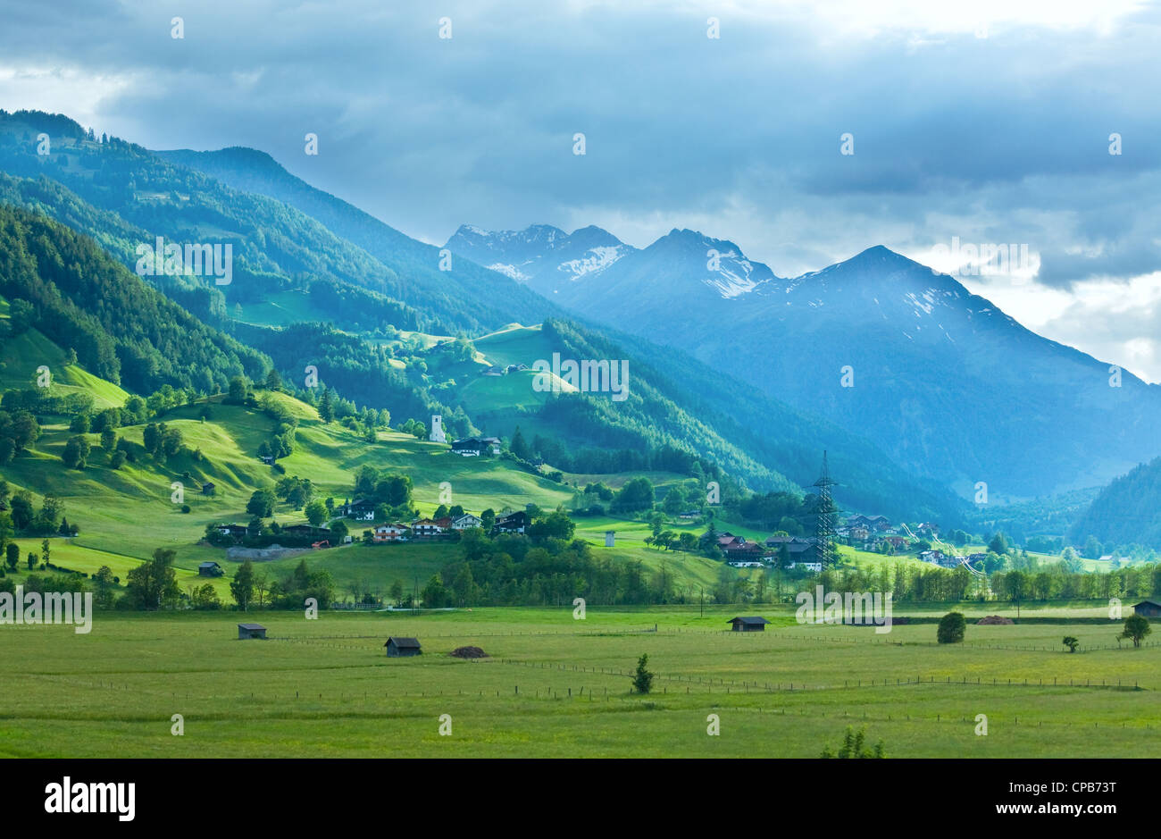 Alps mountains summer view and village in valley (Austria Stock Photo ...