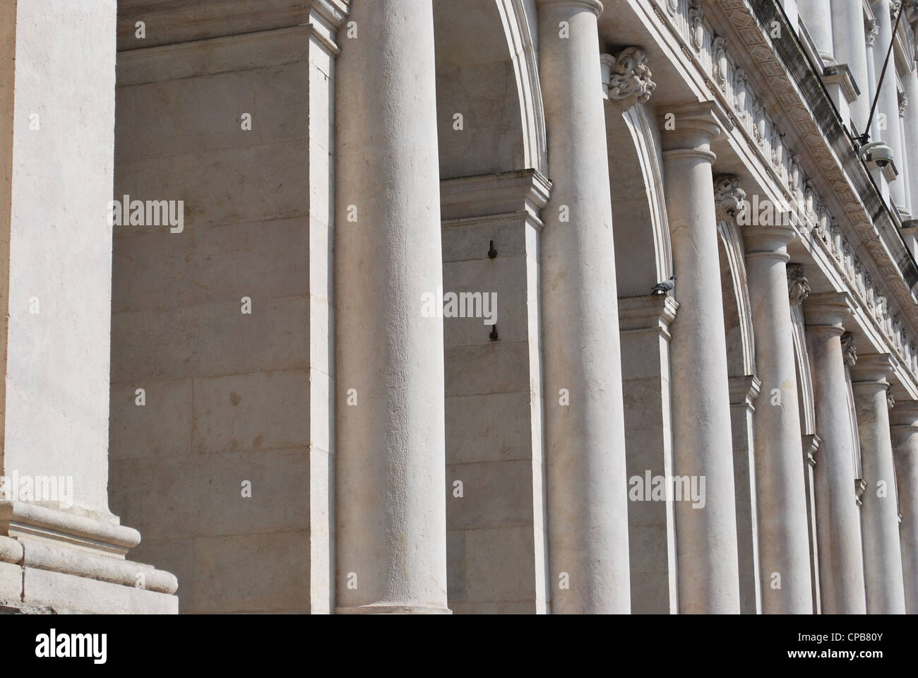 Public Library Palace, white columns perspective, old square, Bergamo ...