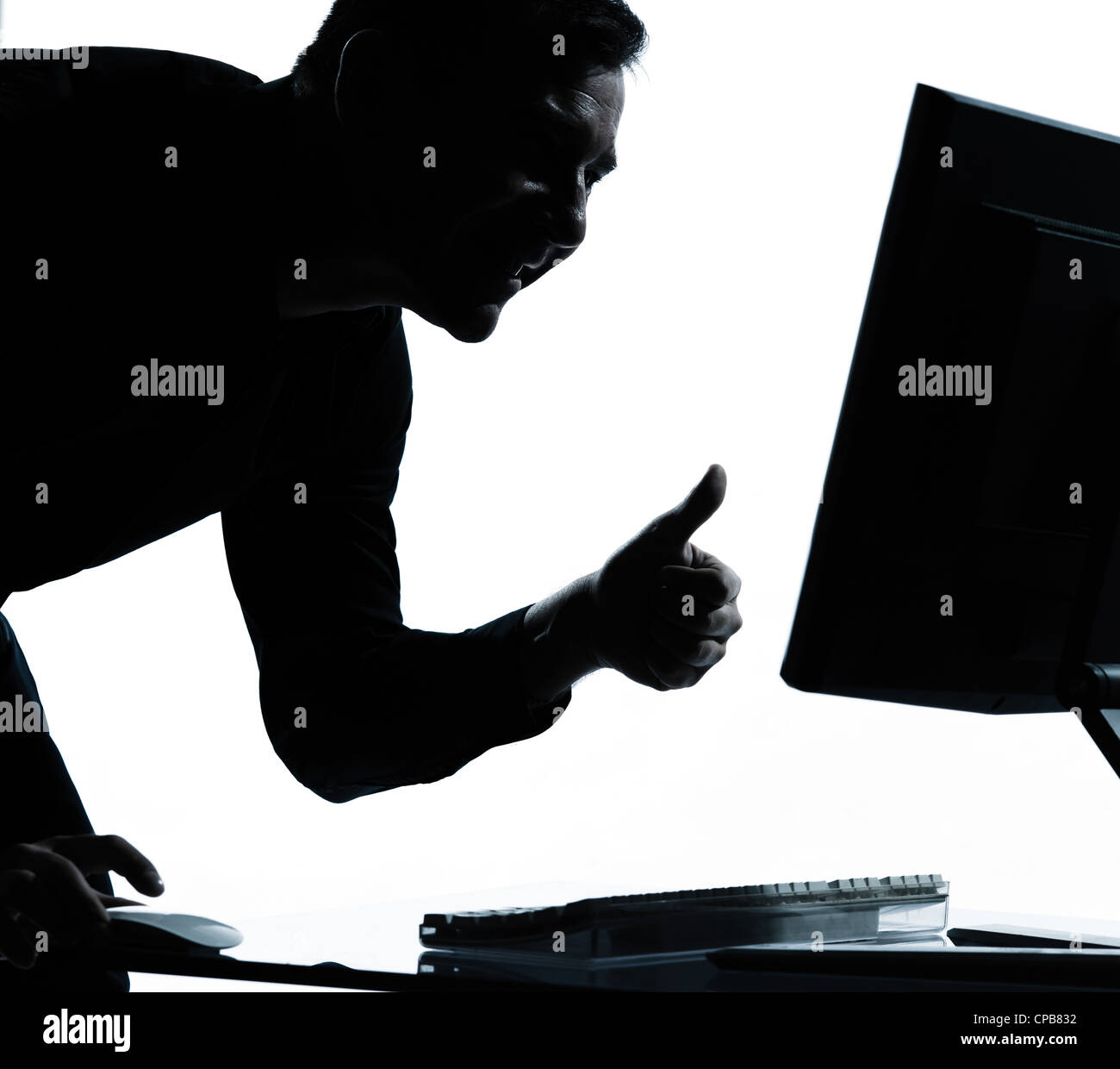 one caucasian business man computing computer thumb up satisfied ...