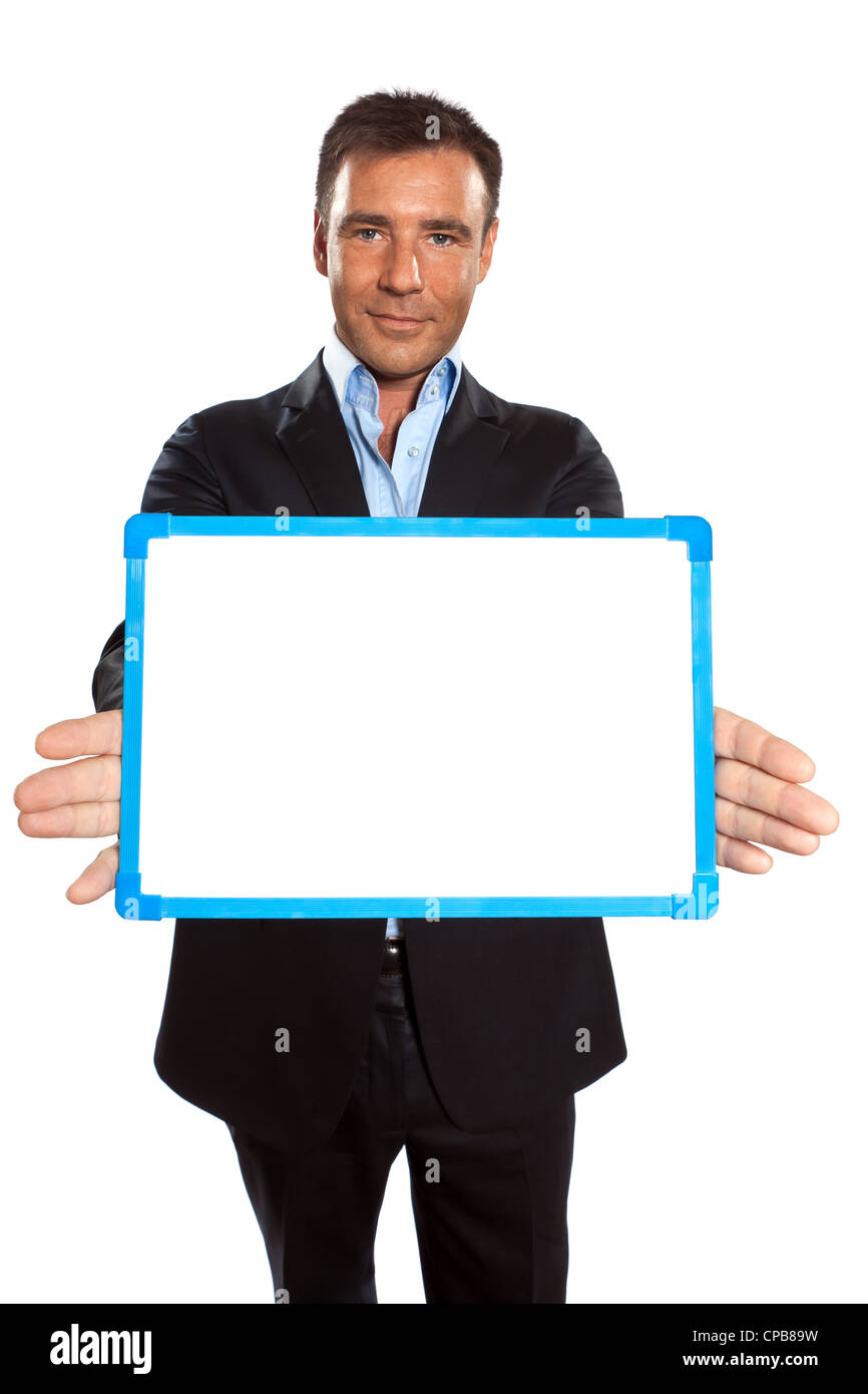 one caucasian business man holding showing whiteboard in studio ...
