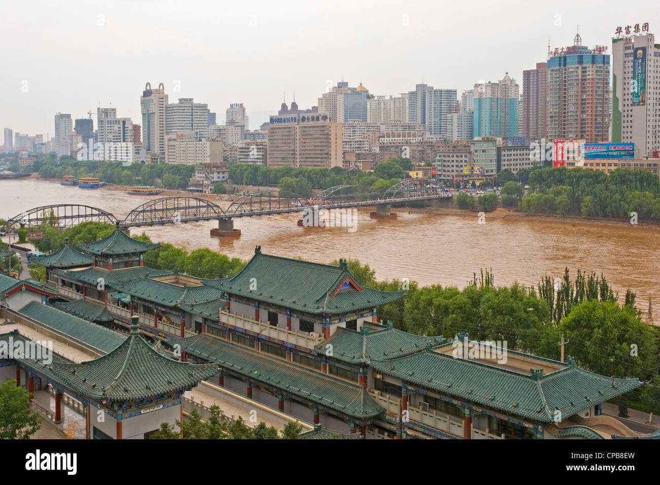 A view over Lanzhou from Baitashan Park with the Yellow river and the ...