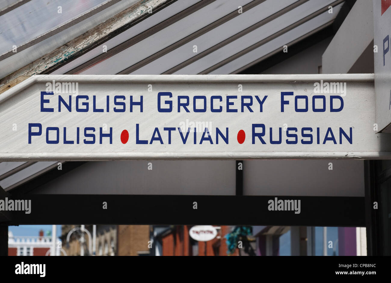 Foreign Food Store in the Uk Polish Latvian Russian signs Stock Photo ...