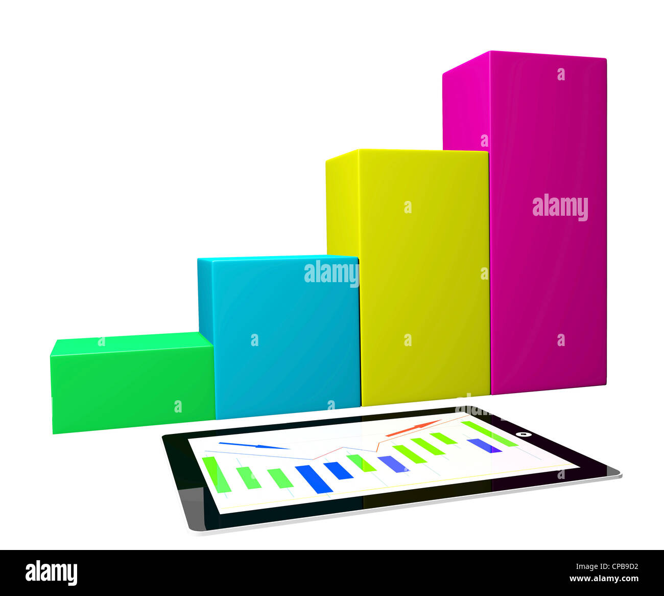 Tablet PC with Business graph diagram 3d render on white background ...