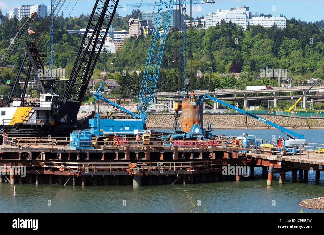 Construction site for a new bridge, dredging work, Portland OR Stock ...