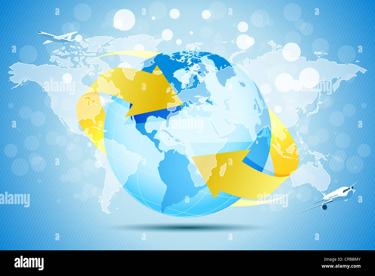 Blue Background with Planet Earth, World Map and Aircrafts Stock Photo ...