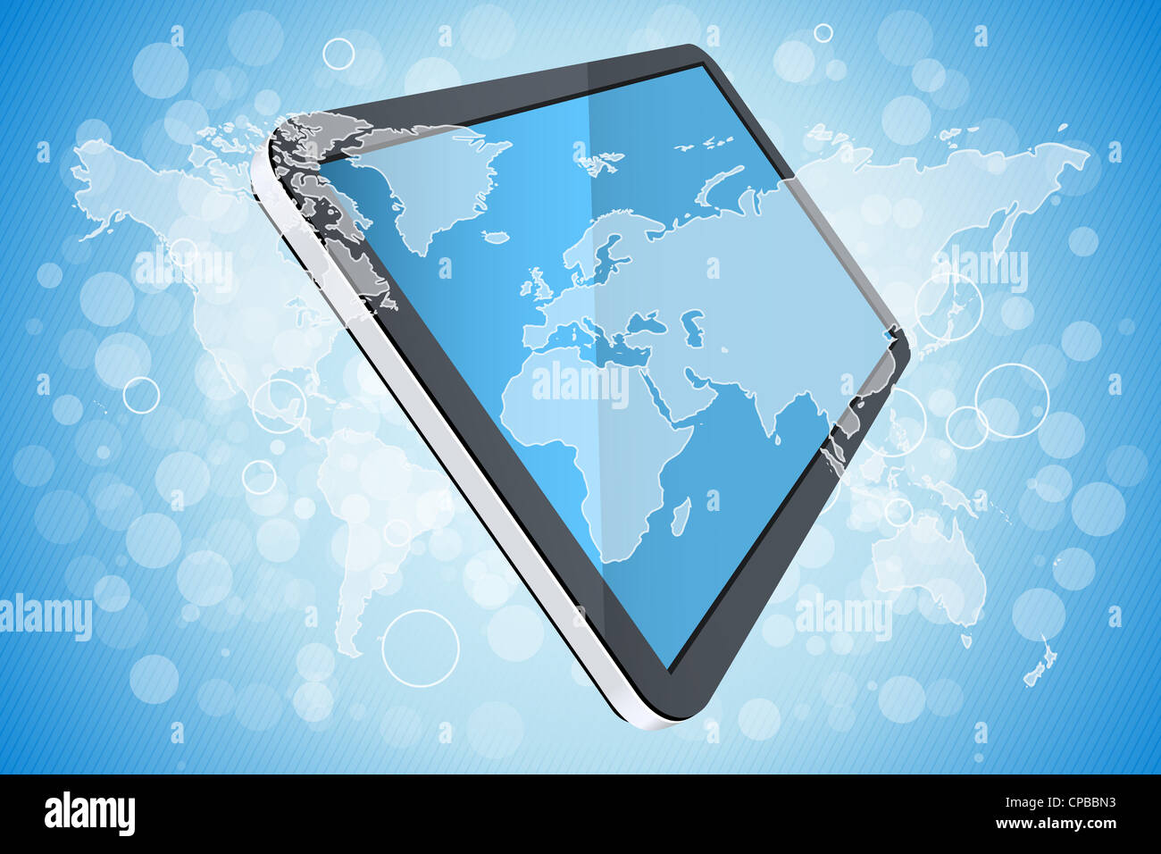 Abstract Blue Background with World Map and Tablet Computer Stock Photo ...