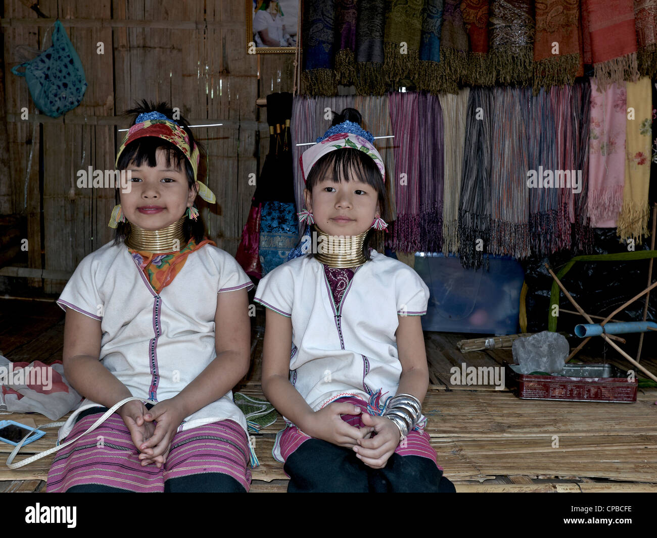 Long neck children (Kayan) hill tribe of Northern Thailand. Chiang Mai ...