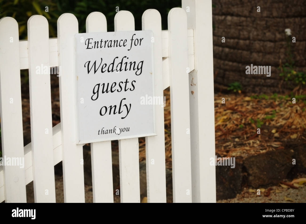 Sign on a gate indicating entry to wedding guests only Stock Photo - Alamy