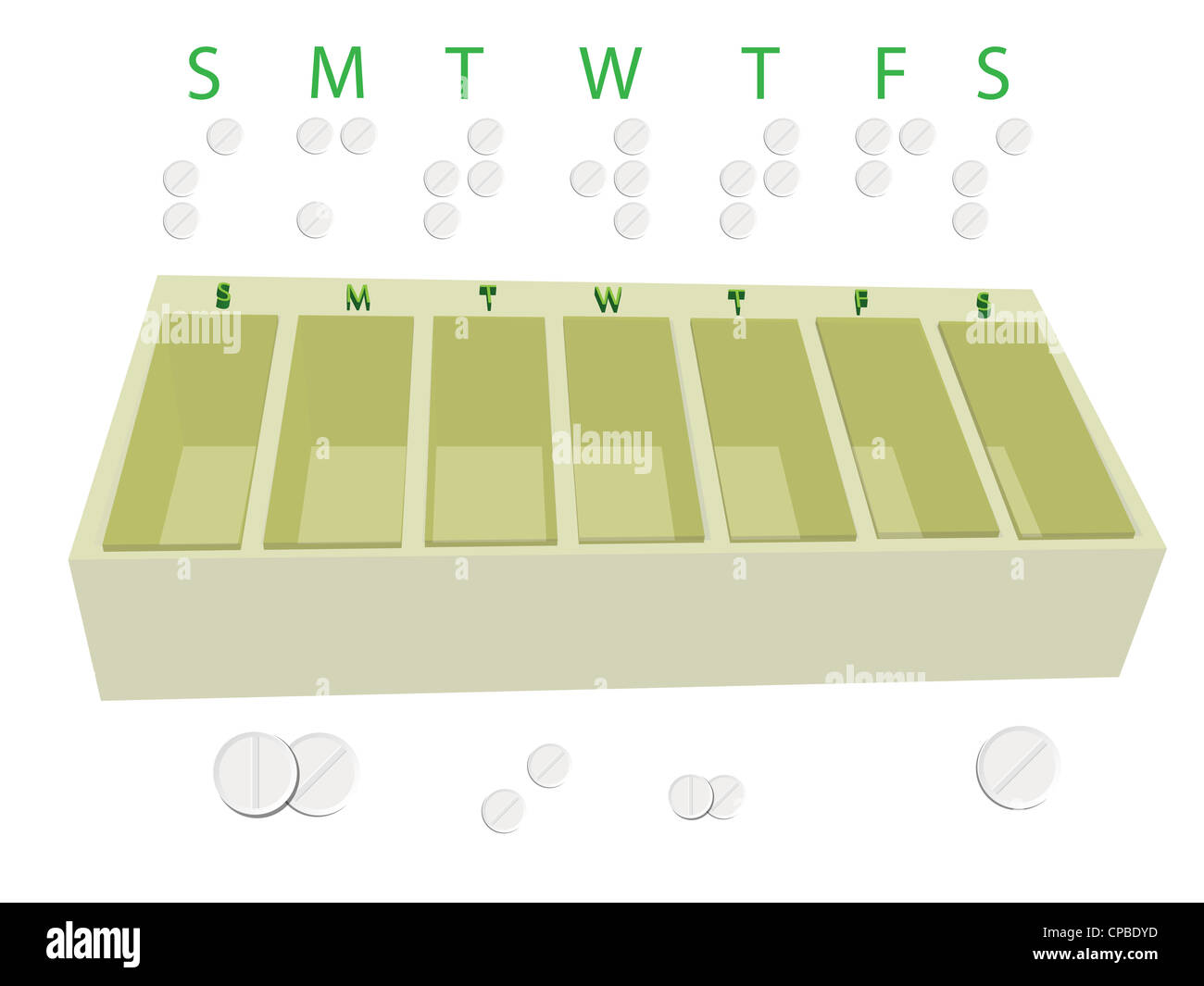 box and pills calendar in Braille alphabet against white background ...