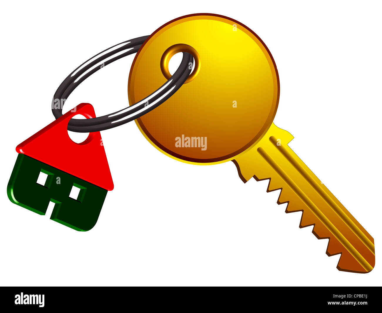 house and key on the same ring against white background, abstract ...