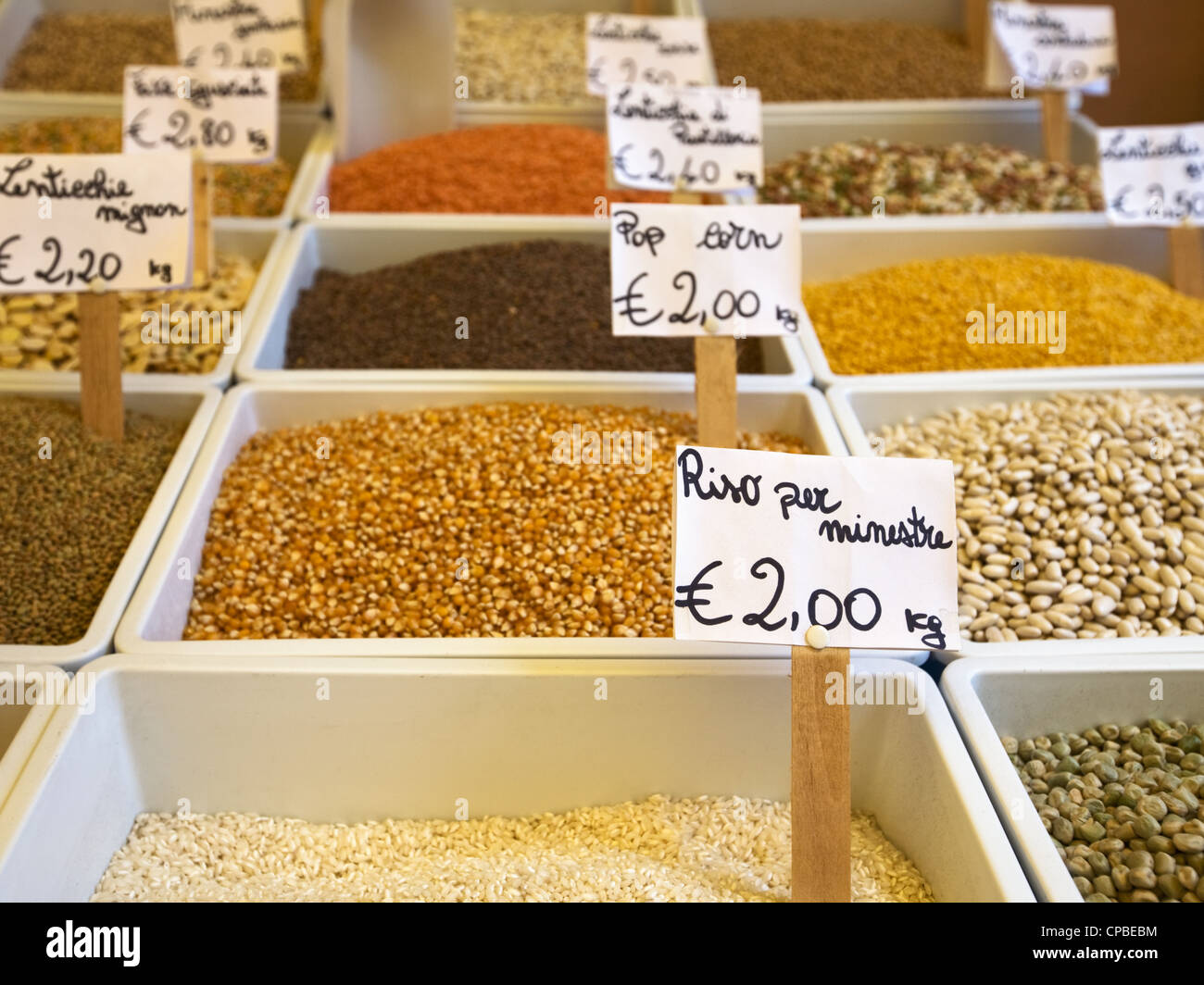 Colorful array of pulses, grains and rice, Catania, Sicily, Italy Stock ...