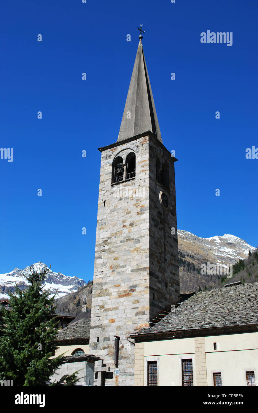 Small church and tower bell in Alagna village on Alps mountains ...