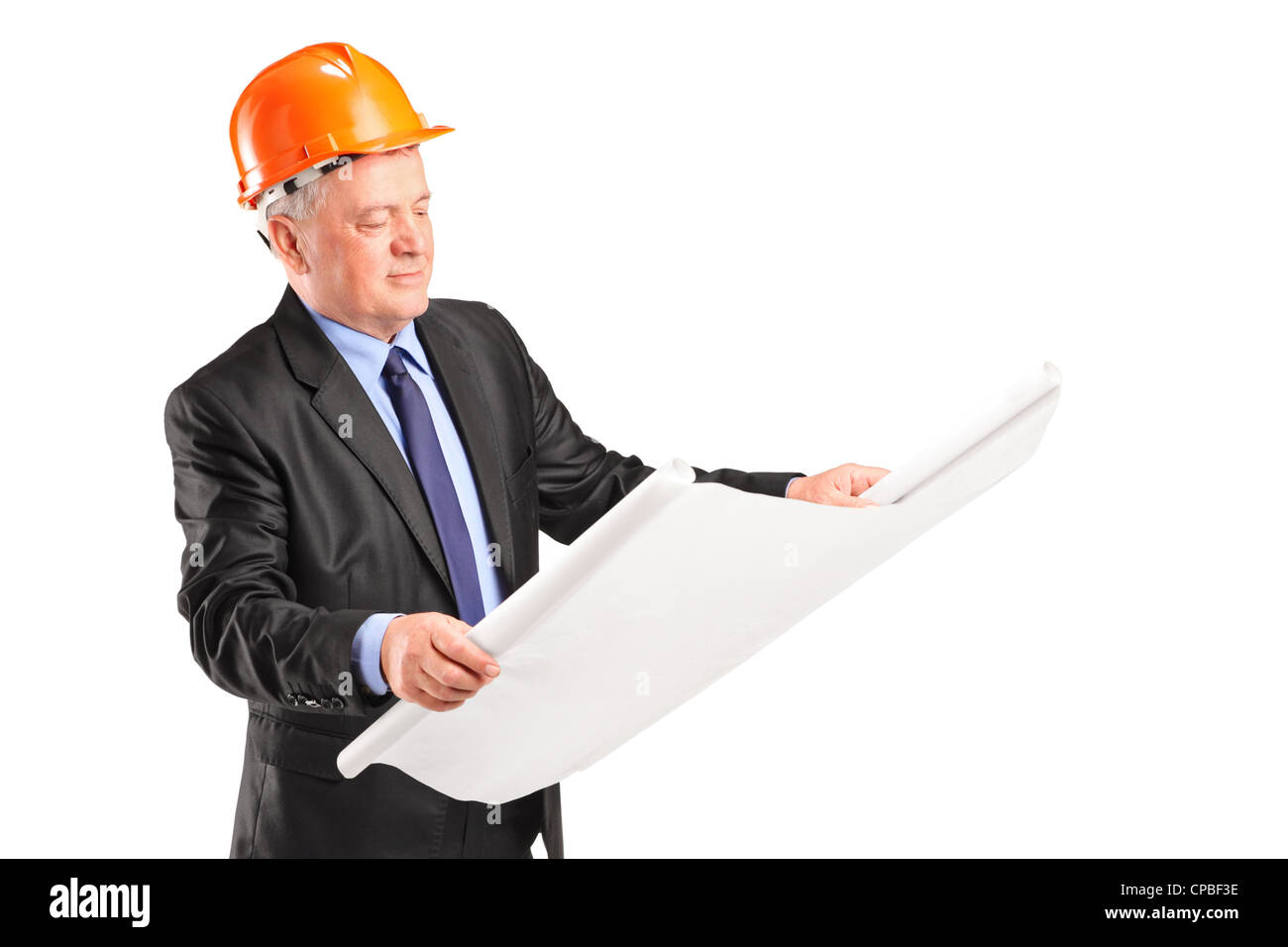 Male engineer with helmet holding blueprint isolated against white ...