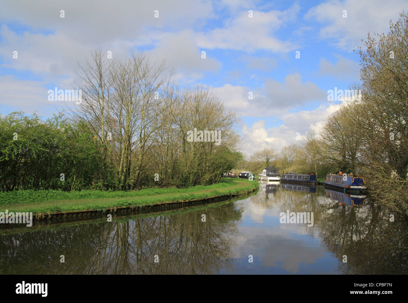 Lancaster Canal with Narrowboats in Spring, Lancashire, England, UK ...