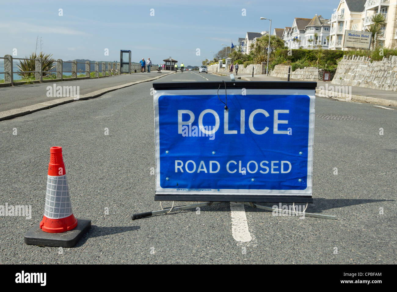 Blue British Police Road Closed sign, Cliff Road Falmouth Cornwall UK ...