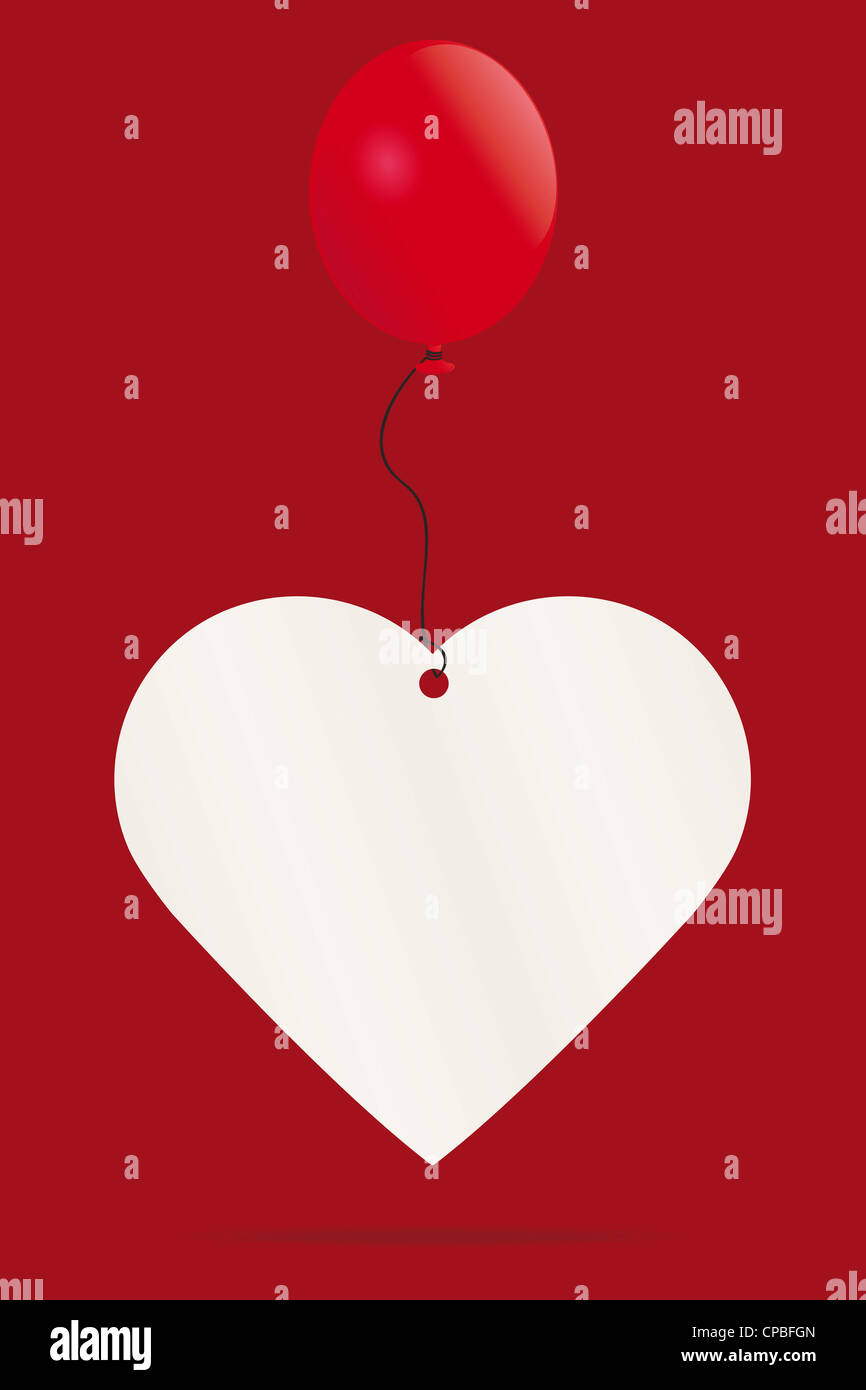 Red balloon lifting a heart shaped message card with space for text ...