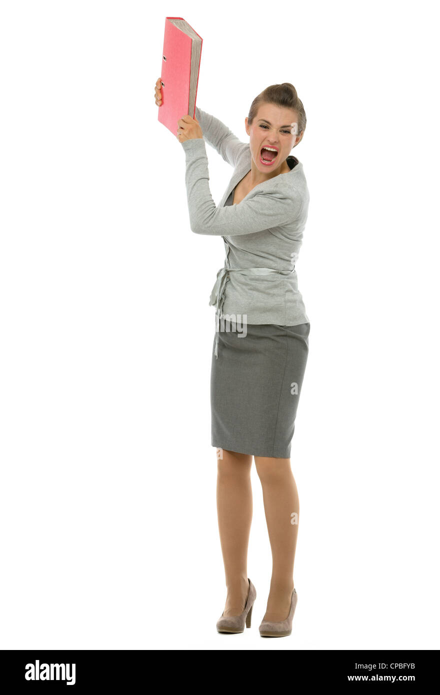 Full length portrait of angry business woman throwing folder in rage ...