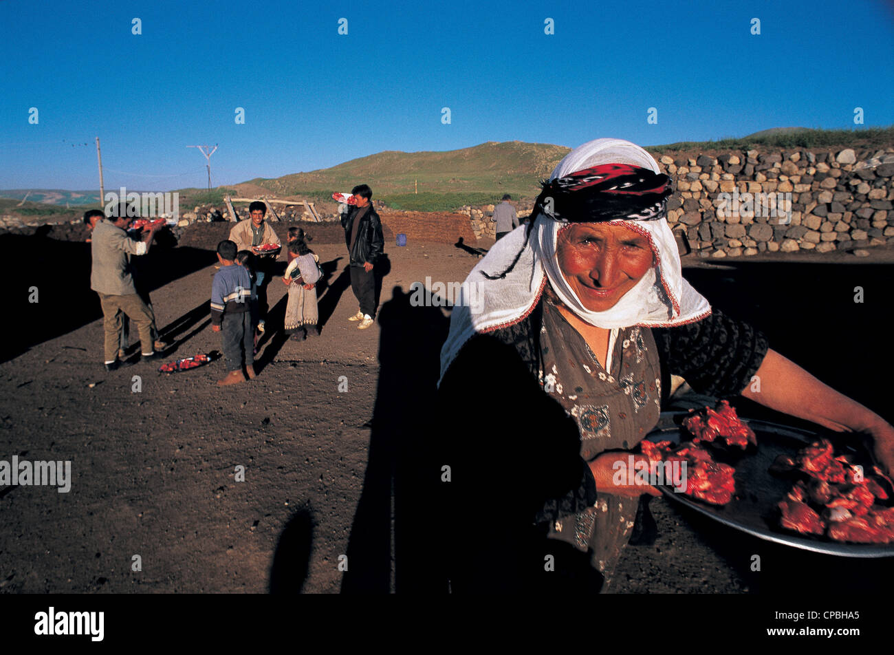 Elder woman carrying fresh cut meat for cooking Patnos Ağrı Turkey ...