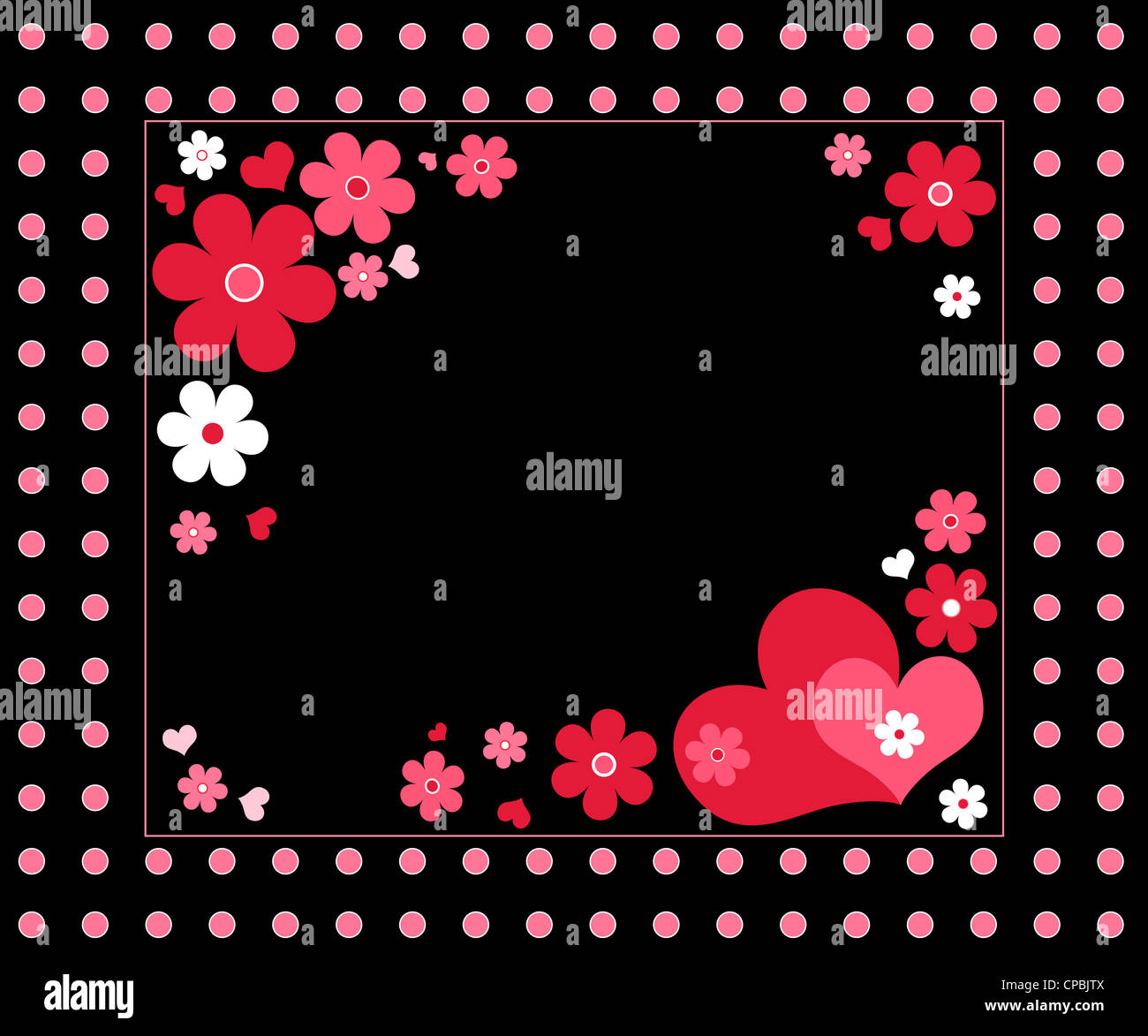 Hearts and flowers frame on polka dots pattern Stock Photo - Alamy