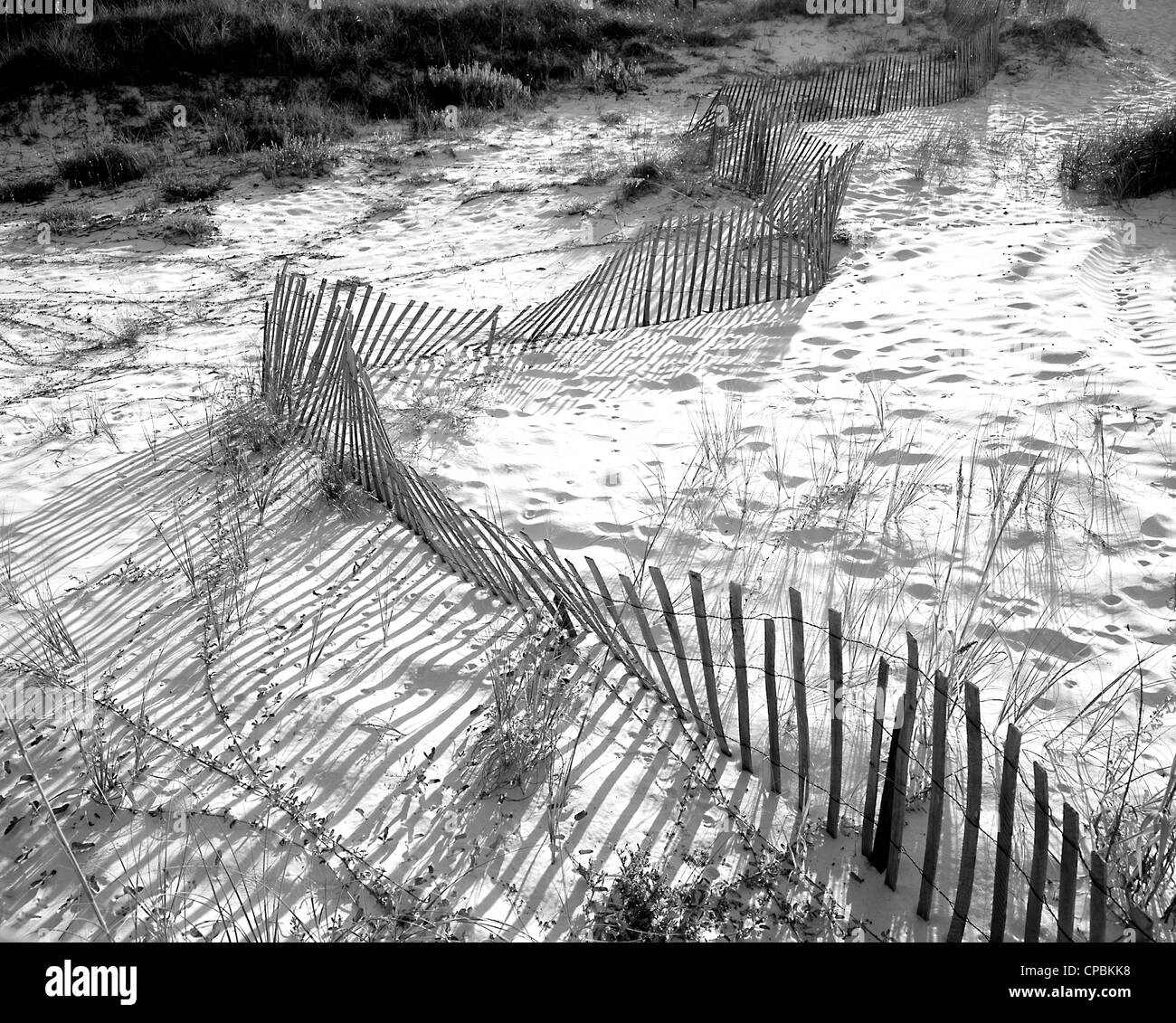 Sand fence winding around on a sand dune of white sand with a shadow of ...