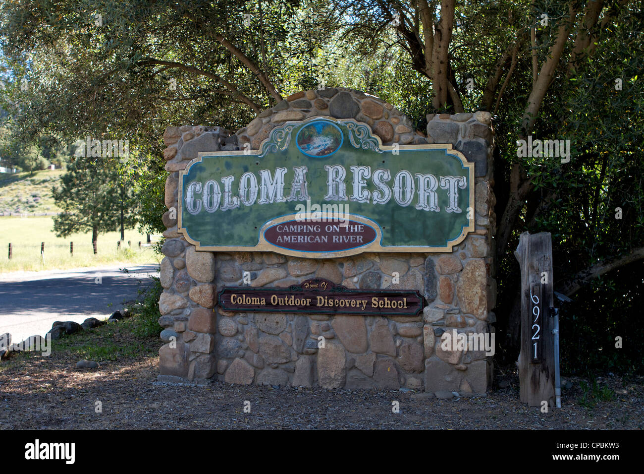Coloma resort sign on the South Fork of the American River California ...