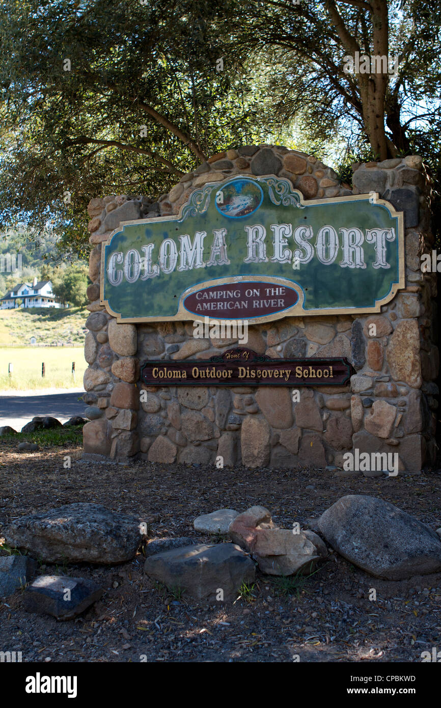 Coloma resort sign on the South Fork of the American River California ...