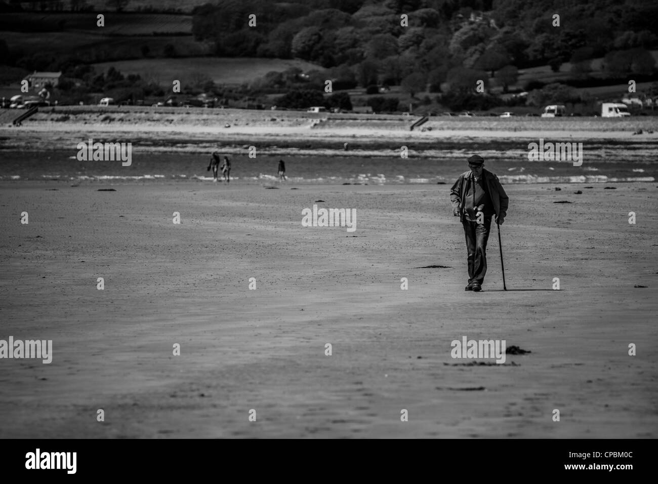 Old man with walking stick walking alone along beach, monochrome Stock ...
