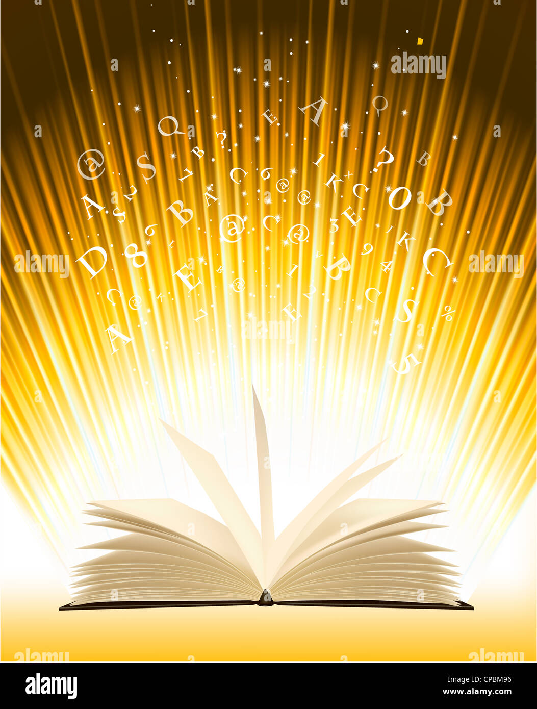 Open magic book with magic light Stock Photo - Alamy