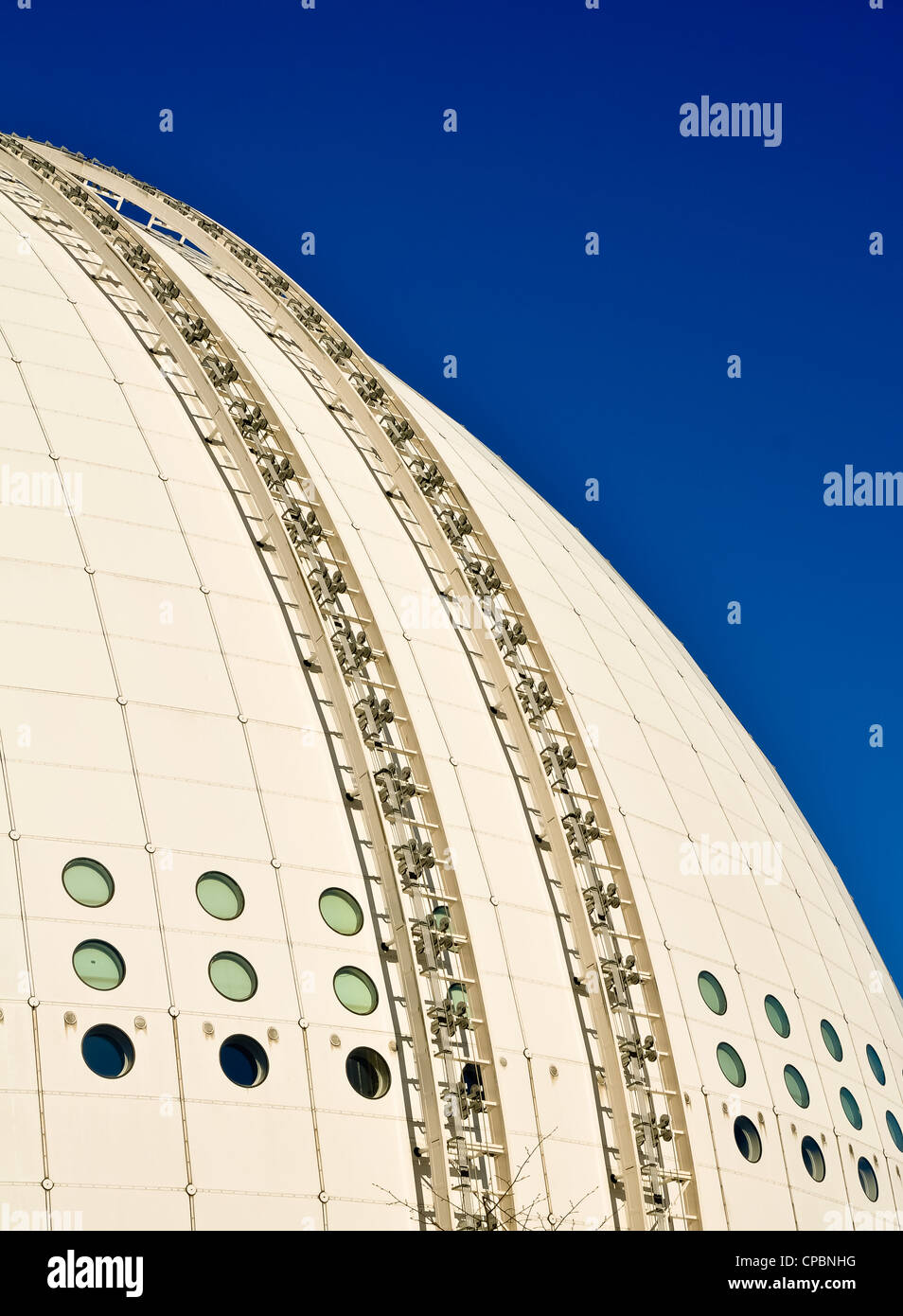 spherical building with rails against blue sky Stock Photo - Alamy