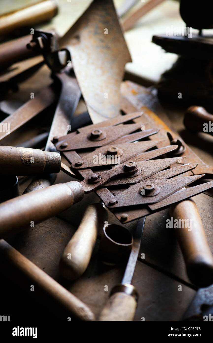 Old antique gardening tools including ancient hedge trimmers in the ...