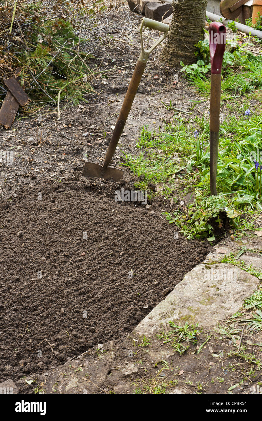 A derelict area of a garden being cleared and dug for replanting. Tools ...
