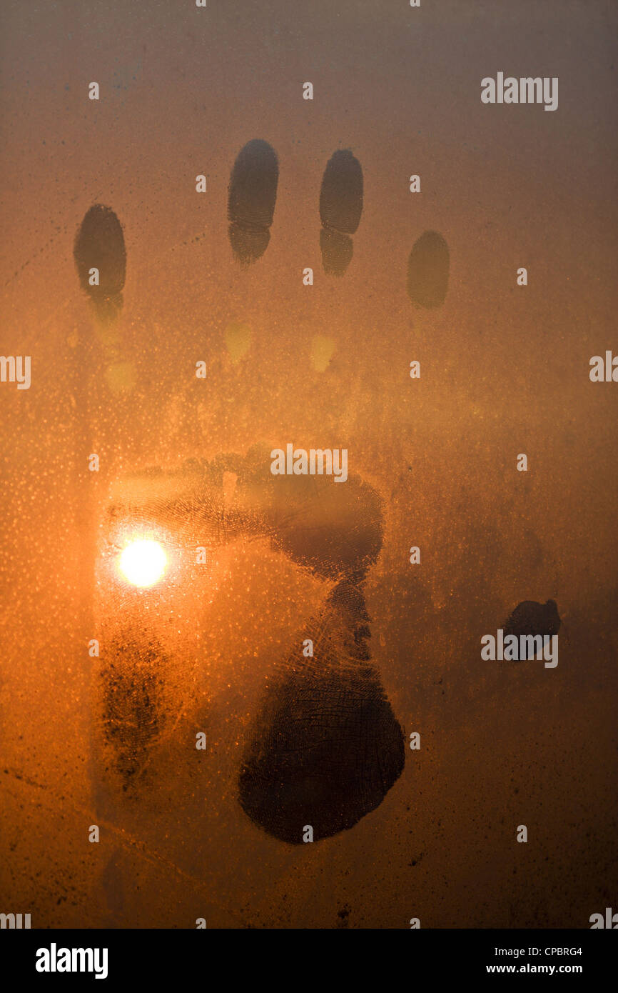 copy of hand on the window in the icing Stock Photo - Alamy