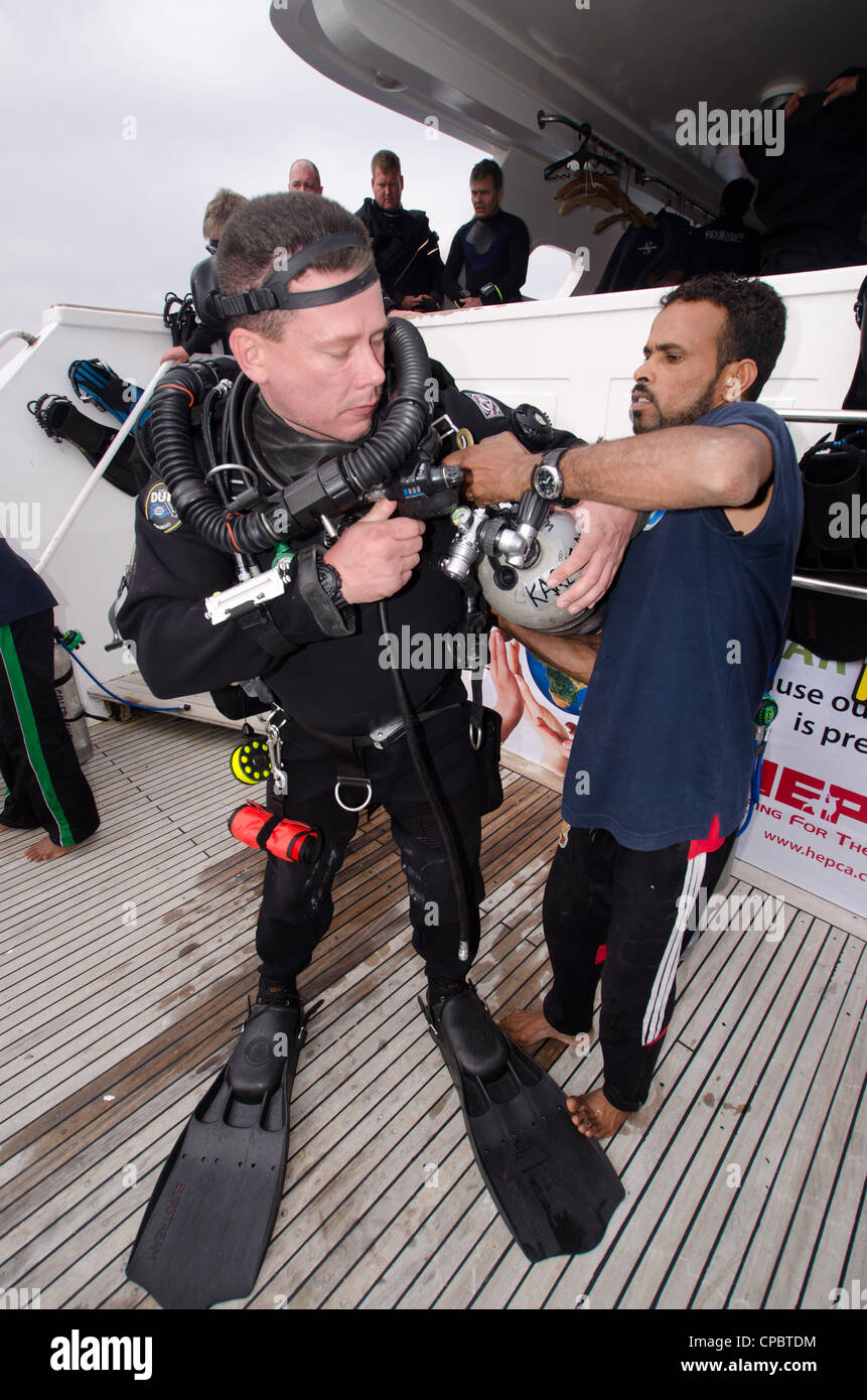 Dive team preparing for technical dive dive in the red sea using ...