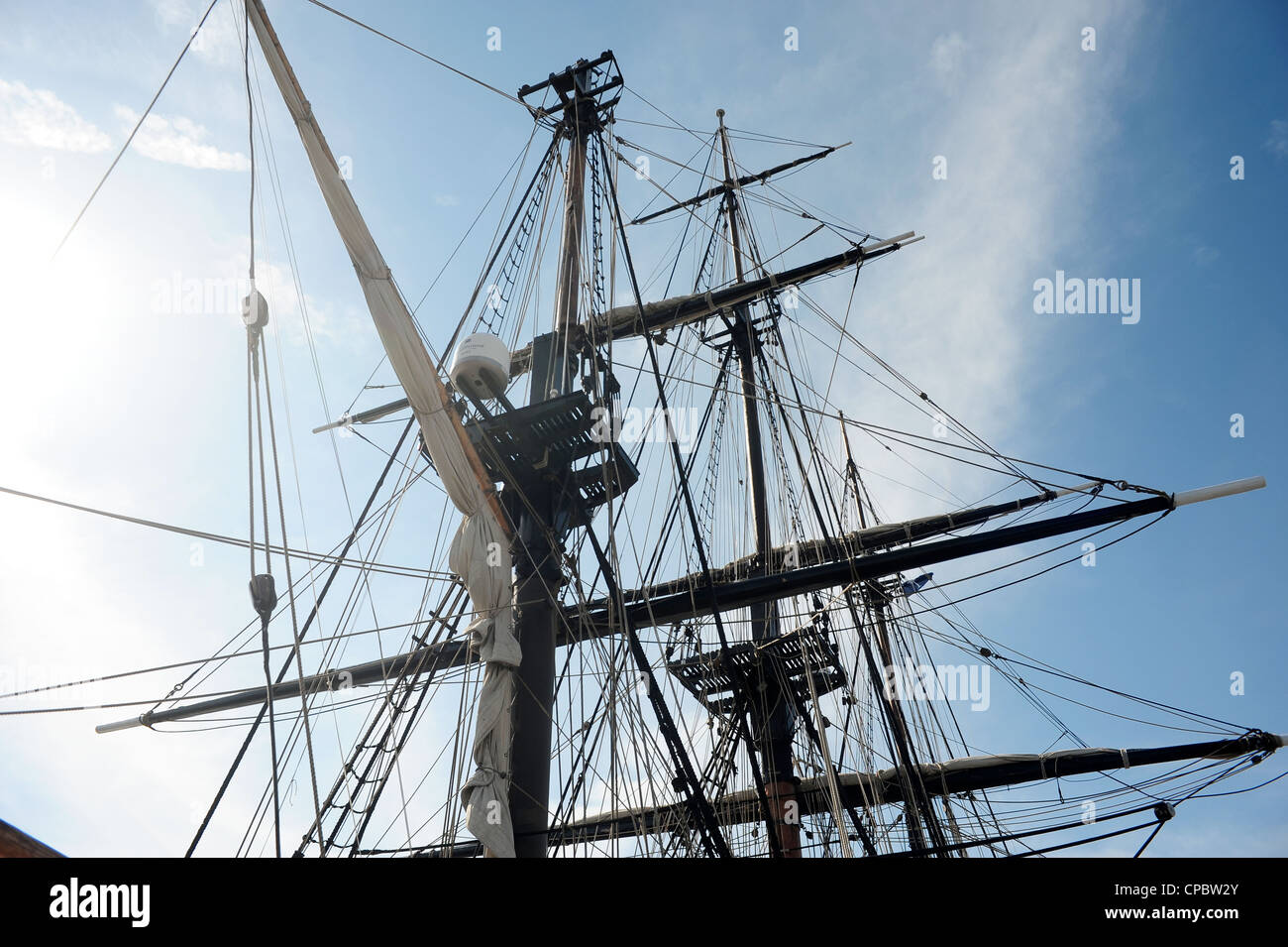 HMS Bounty deck masts and rigging, looking skyward Stock Photo - Alamy