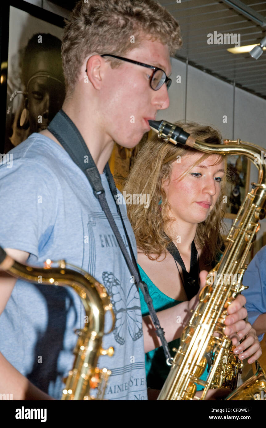 Young musicians playing jazz saxaphone at Cine Mourguet St Foy les Lyon ...