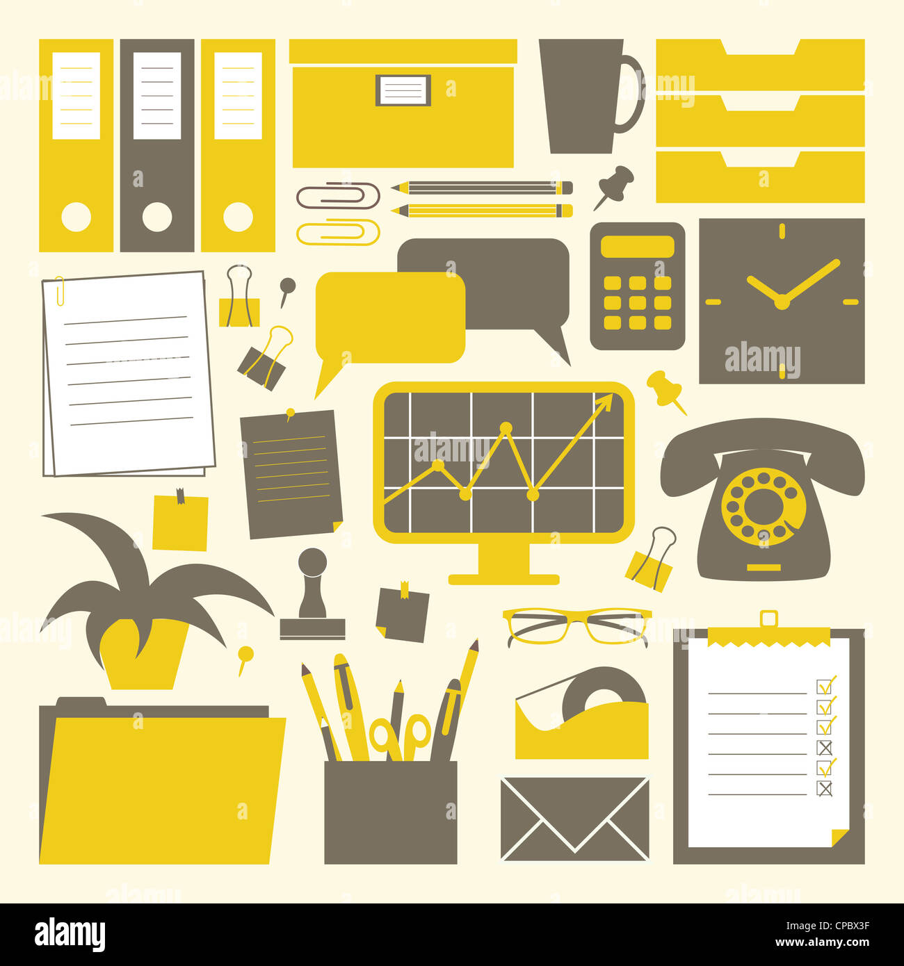 A collection of office related objects in yellow, dark grey and white ...