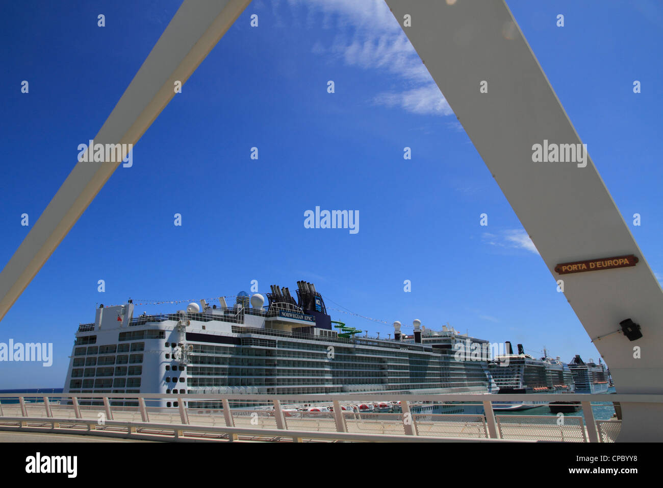 Spain Catalonia Barcelona, Cruise ships seen from Porta d'Europa bridge ...