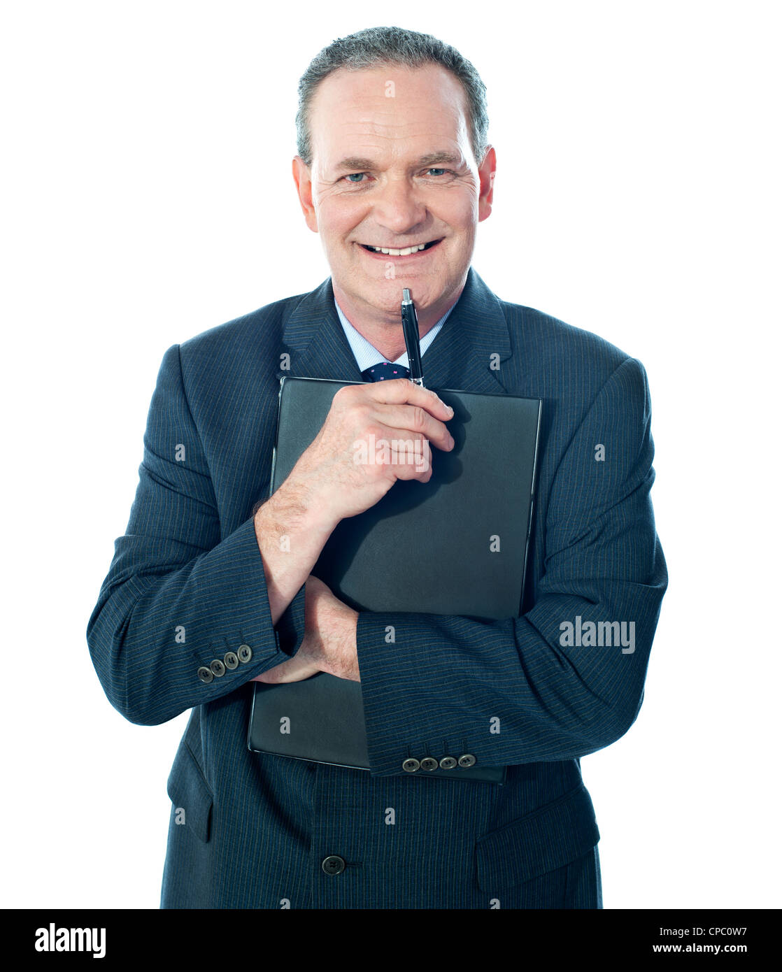 Corporate person holding document and smiling at camera Stock Photo - Alamy