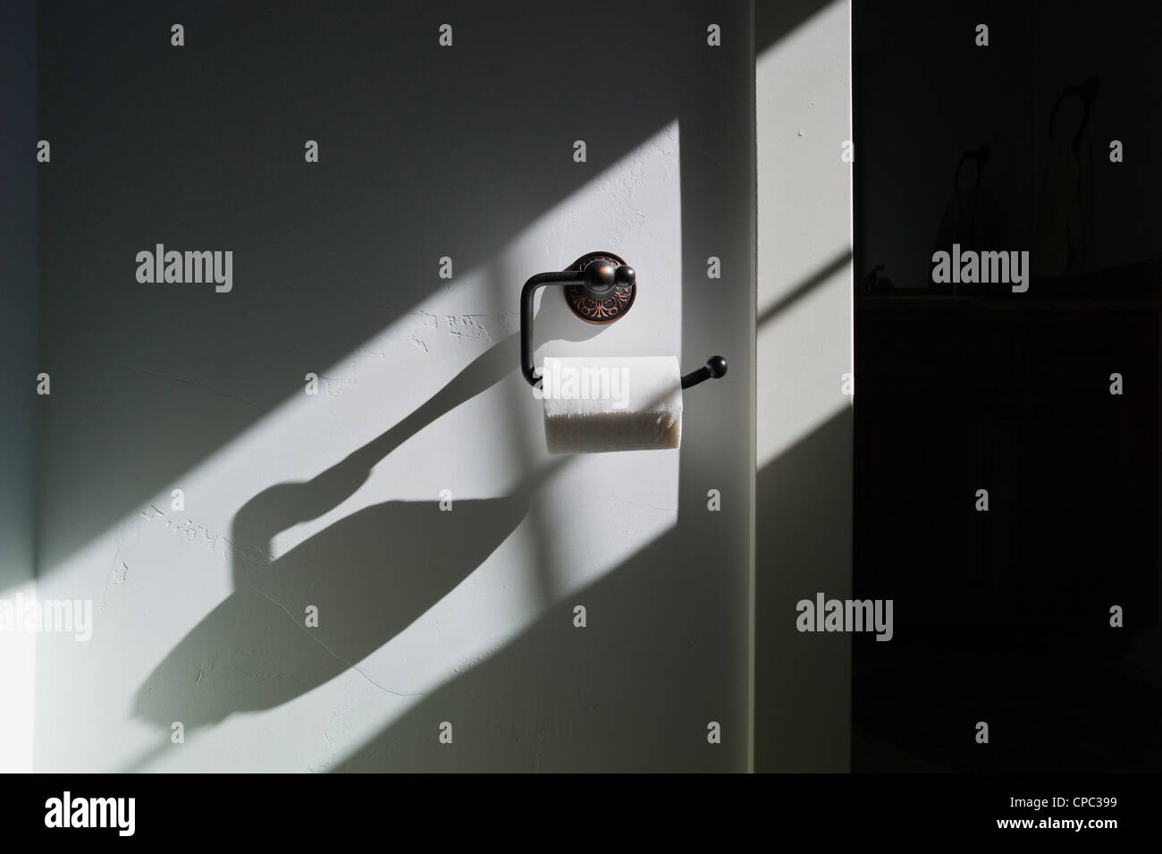 Close up photograph of sun and shadows on a roll of toilet paper in a ...