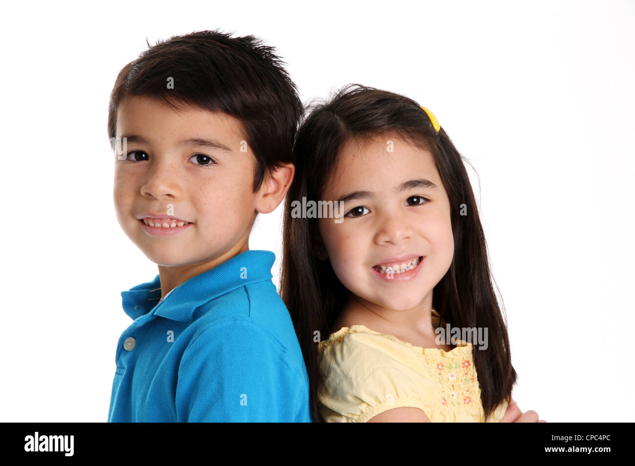 Brother and sister together on a white background Stock Photo - Alamy