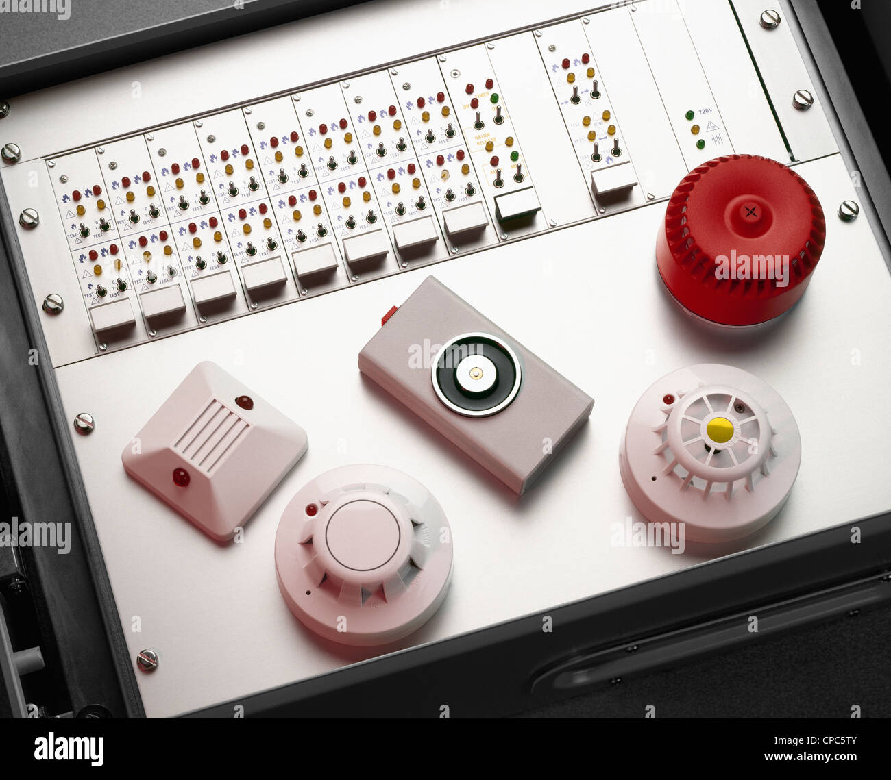 Smoke and fire detectors and control console Stock Photo - Alamy