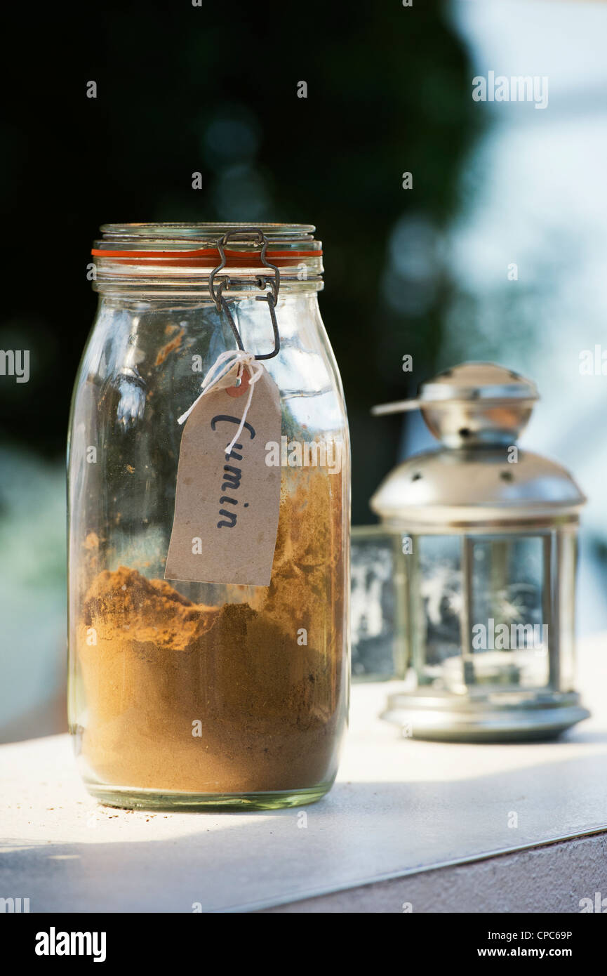 Jar of powdered Cumin spice and lamp on a shelf in the biome at Eden ...